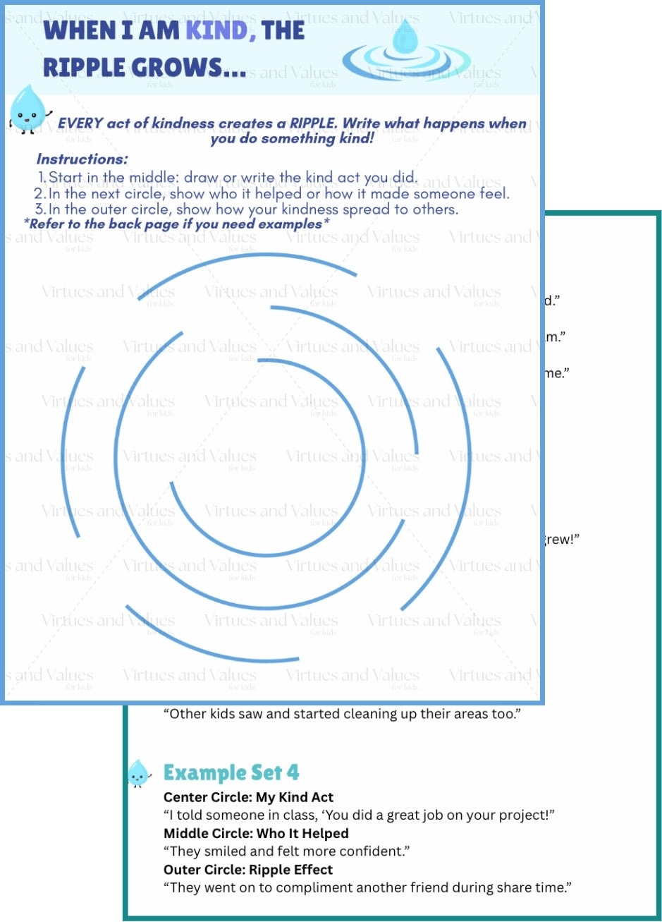 Kindness Ripple Effect Worksheet – Virtues and Values for Kids