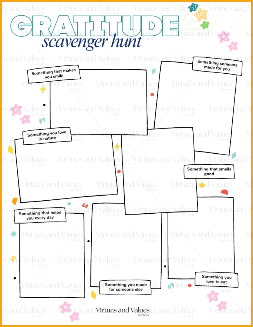 Gratitude Scavenger Hunt Printable – Virtues and Values for Kids
