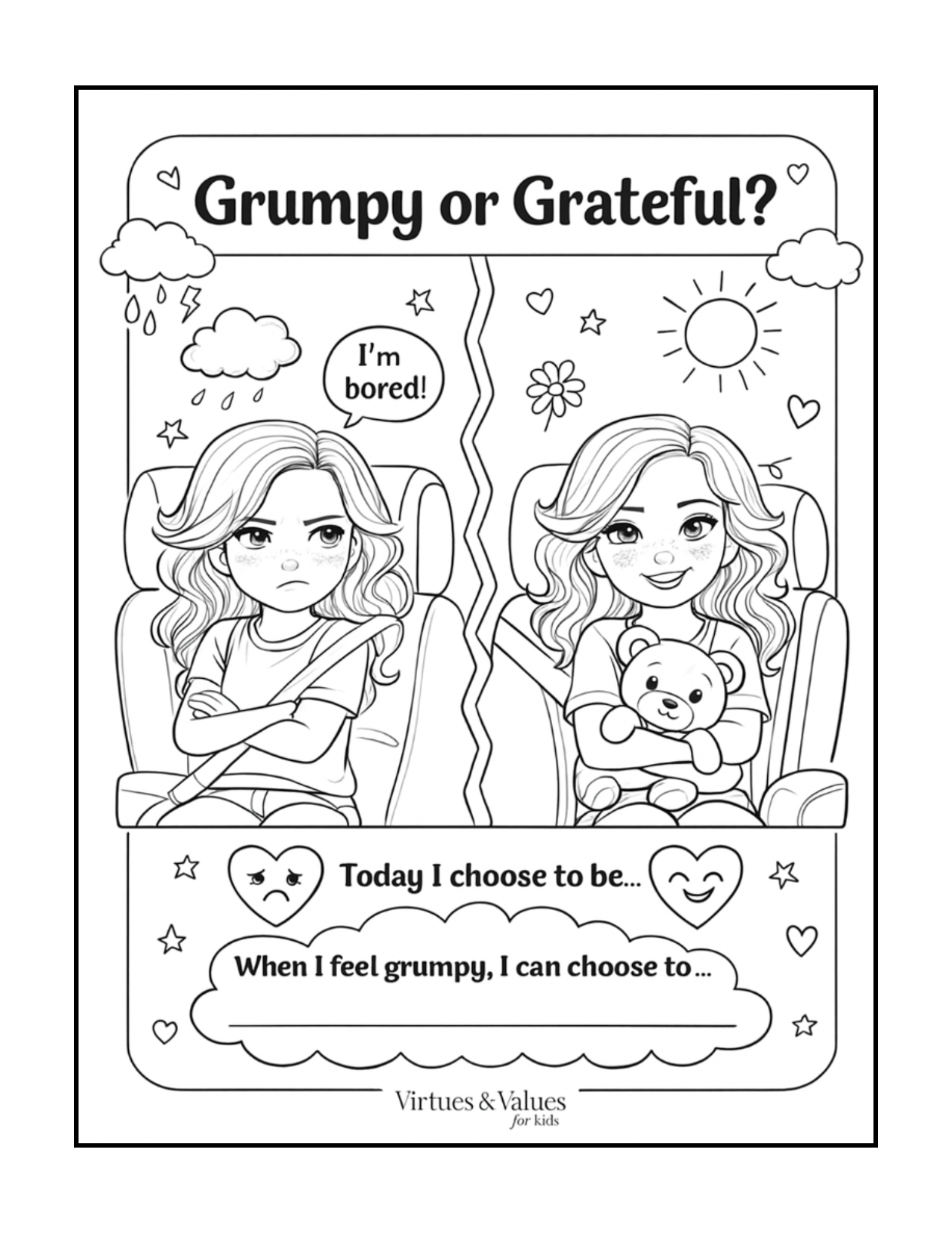 “Grumpy or Grateful?” Coloring Page – Virtues and Values for Kids